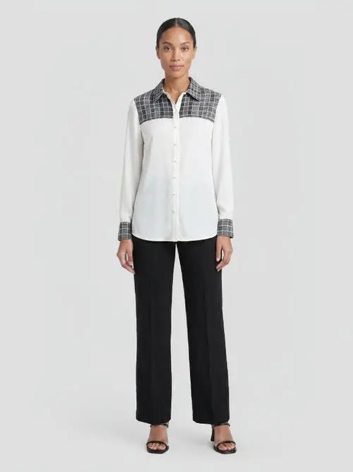 Misook Mixed Media Plaid Crepe De Chine Blouse