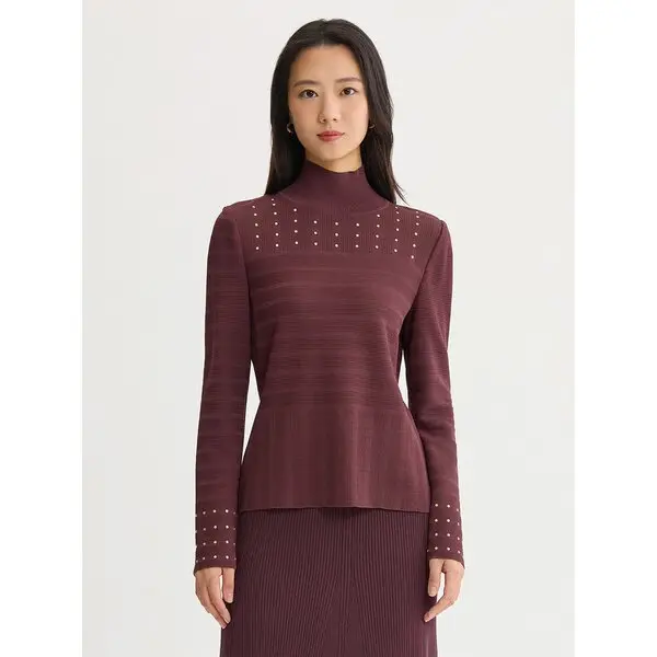 Misook Studded Mock Neck Ribbed Knit Top