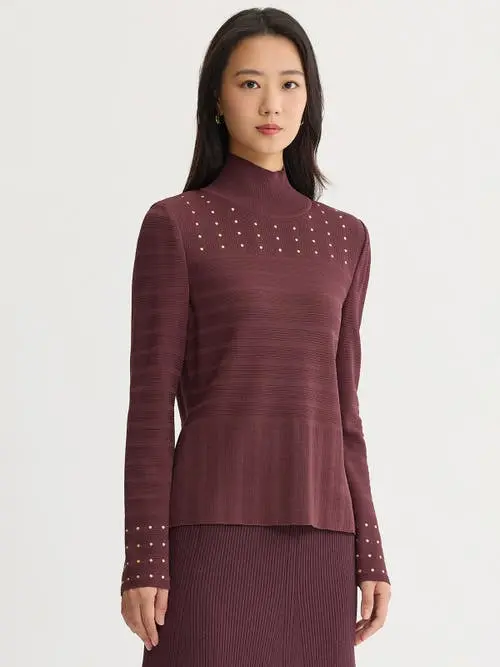 Misook Studded Mock Neck Ribbed Knit Top