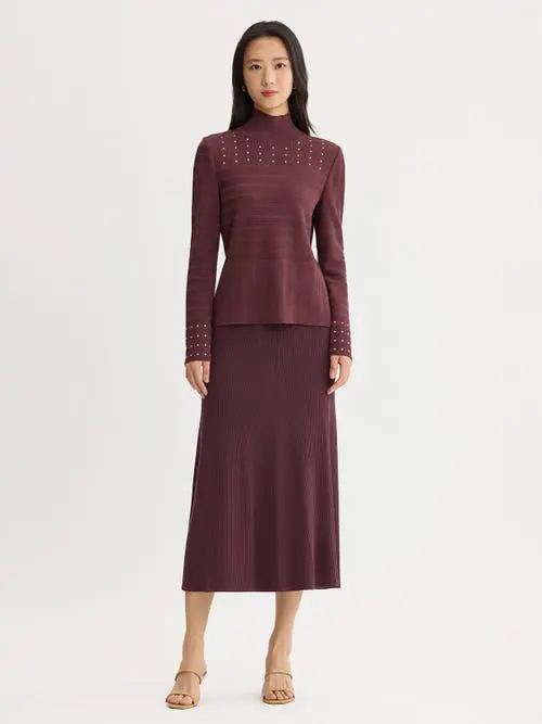 Misook Studded Mock Neck Ribbed Knit Top