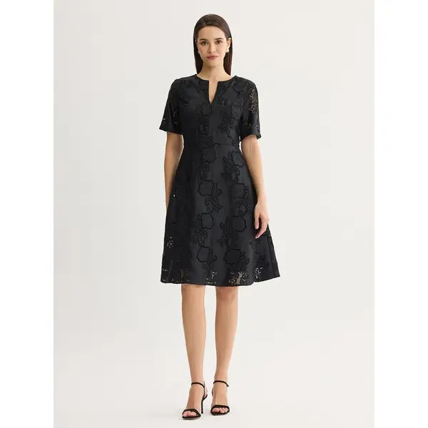 Misook A-line Floral Eyelet Crepe De Chine Dress - Black