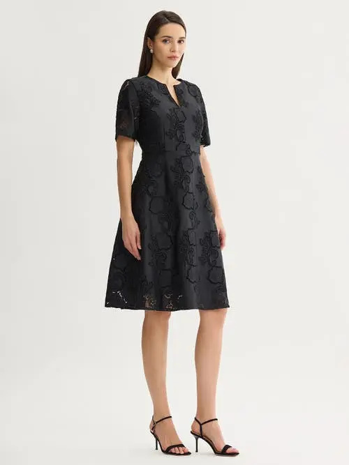 Misook A-line Floral Eyelet Crepe De Chine Dress