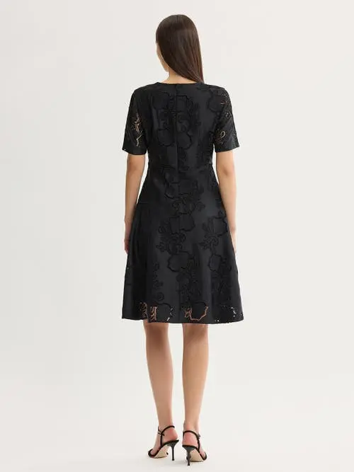 Misook A-line Floral Eyelet Crepe De Chine Dress