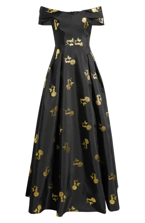 Rebecca Vallance Mariya Metallic Rose Jacquard Off The Shoulder Gown - Black/gold