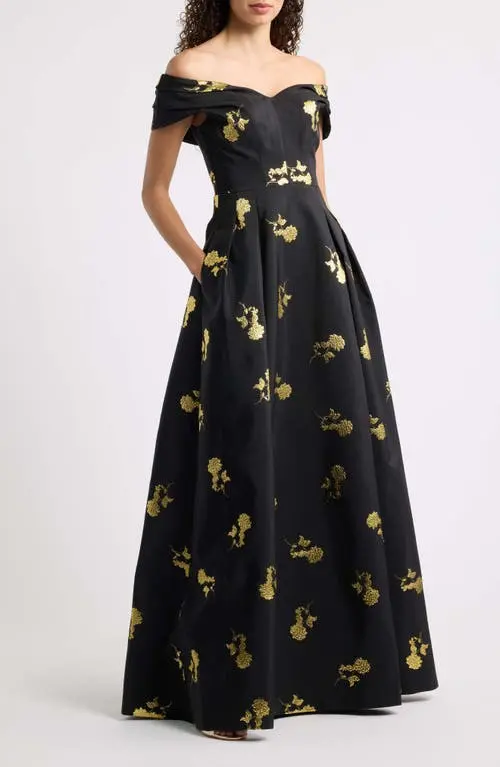 Rebecca Vallance Mariya Metallic Rose Jacquard Off The Shoulder Gown - Black/gold