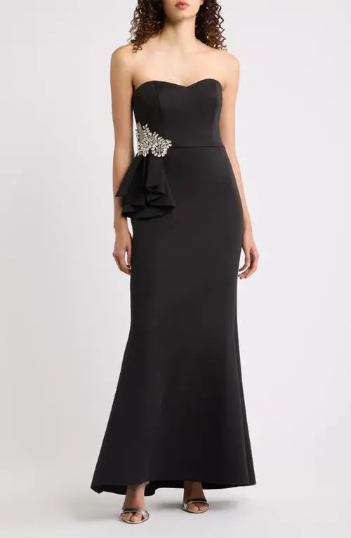 Eliza J Rhinestone Ruffle Detail Sweetheart Strapless Gown - Black