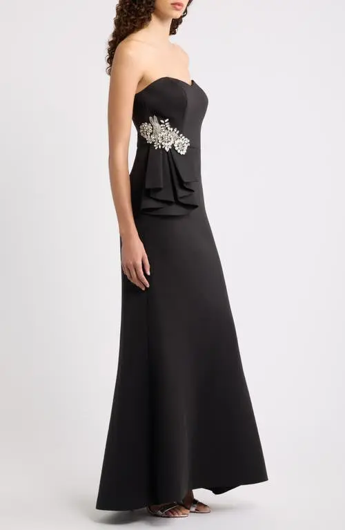 Eliza J Rhinestone Ruffle Detail Sweetheart Strapless Gown