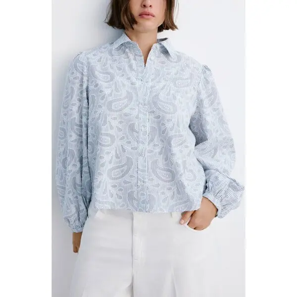 Mango Embroidered Stripe Button-up Shirt - Sky Blue