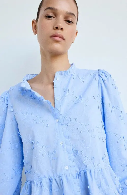 Mango Embroidered Ruffle Peplum Cotton Button-up Top