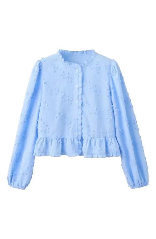 Mango Embroidered Ruffle Peplum Cotton Button-up Top - Blue