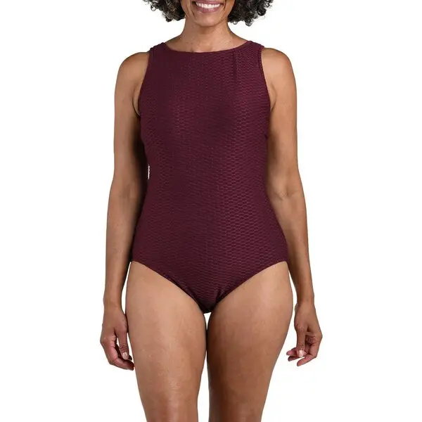 MAXINE OF HOLLYWOOD Textured High Neck One Piece Swimsuit - Wine