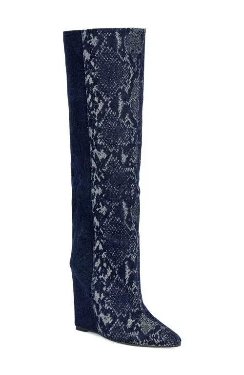 AZALEA WANG Gianna Snake Print Wedge Knee High Boot