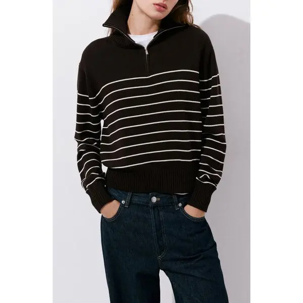 Mango Striped Cotton Half Zip Sweater
