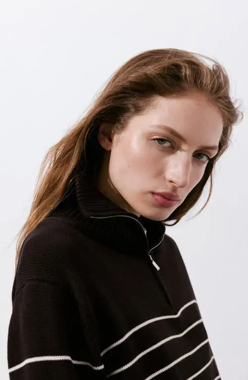 Mango Striped Cotton Half Zip Sweater