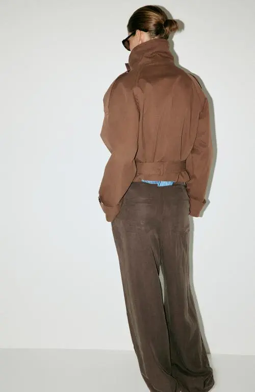 Mango Double Breasted Crop Cotton Blend Trench Coat - Brown