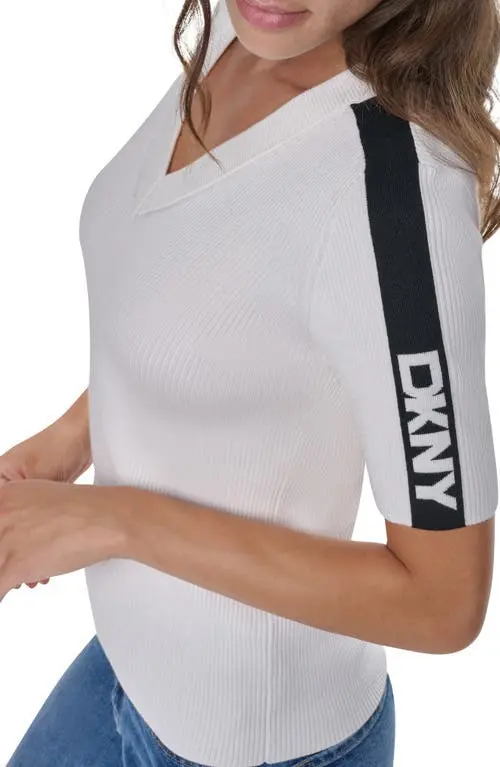 Dkny Logo Stripe Rib Sweater - Ivory/blac