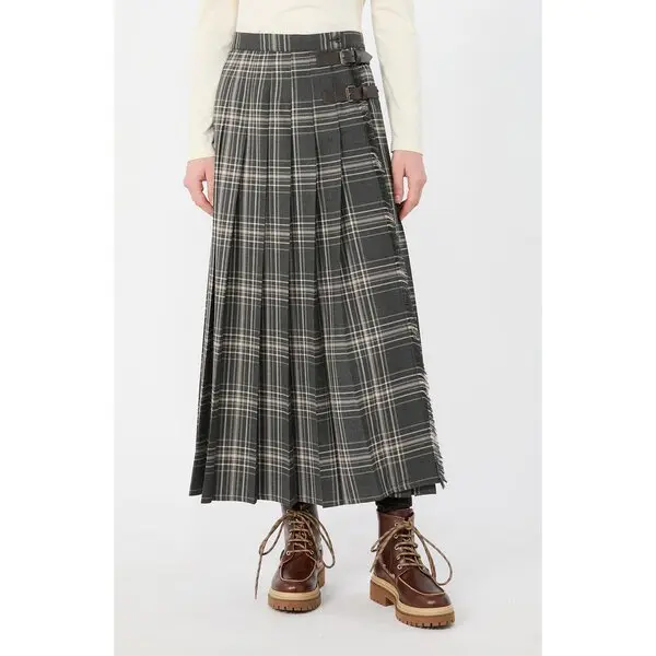 Max Mara Prisma Plaid Pleated Midi Skirt - Dark Grey