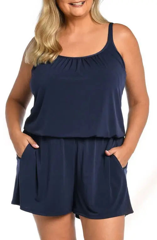 MAXINE OF HOLLYWOOD Knit Solids Swim Romper - Indigo
