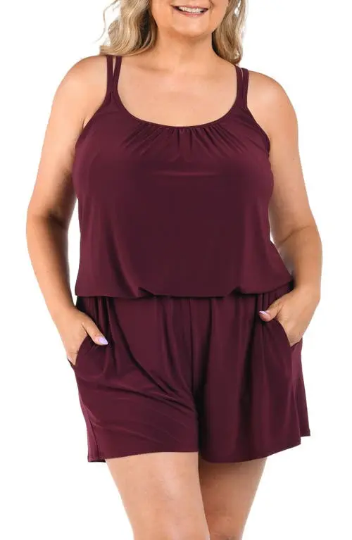 MAXINE OF HOLLYWOOD Knit Solids Swim Romper - Wine