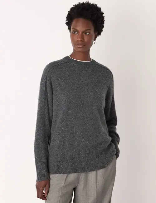 Whistles Cashmere Fleck Seam Crew Sweater - Dark Grey