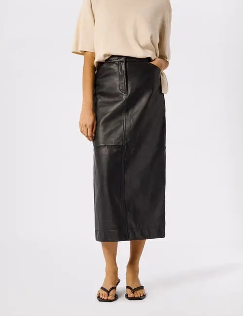 Whistles Panelled Leather Midi Skirt - Black