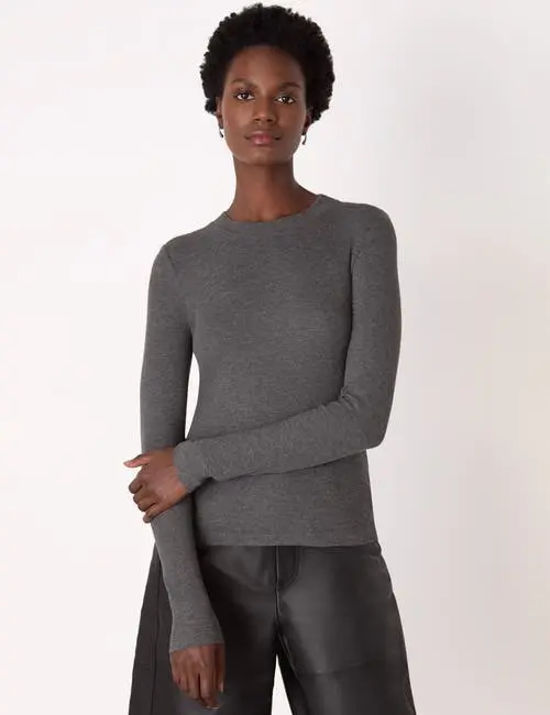 Whistles Essential Ribbed Crew Long Sleeve Top - Dark Grey