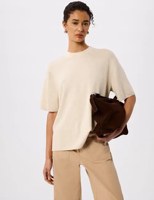 Whistles Draped Fine Knit T-shirt - Oatmeal