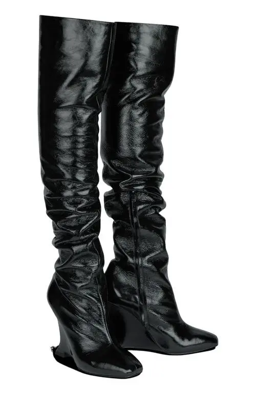 Balmain Thigh-high Wedge Boots In Crinkled Patent Leather - Black