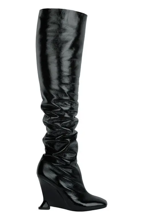 Balmain Thigh-high Wedge Boots In Crinkled Patent Leather