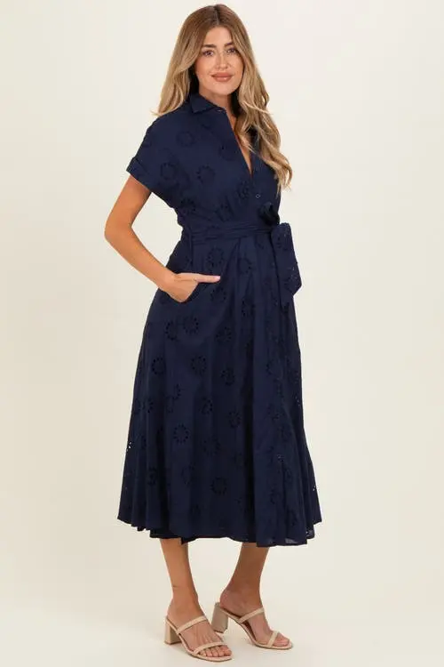 PINKBLUSH Eyelet Lace Waist Tie Shirt Dress