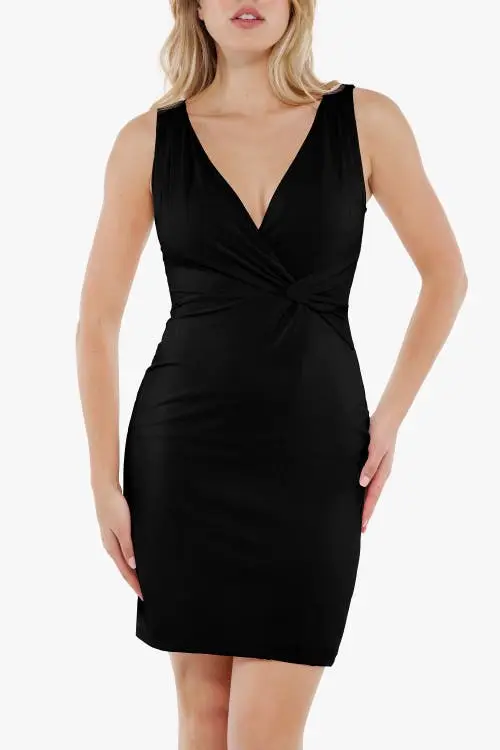POPILUSH Shapewear Deep V-neck Bias Twist Sculpting Mini Dress - Jet