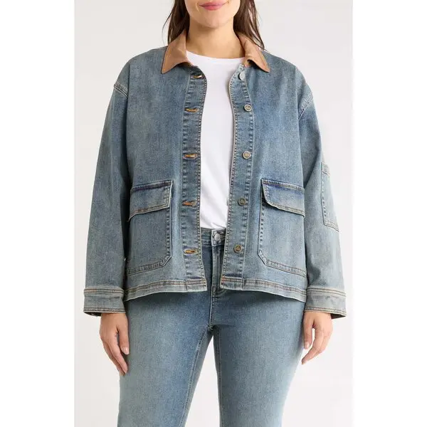 CITY BLUES Denim Jacket With Faux Leather Trim - Indigo