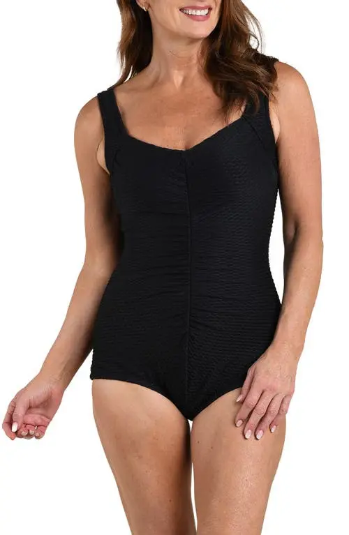 MAXINE OF HOLLYWOOD Textured Spa Ruched One-piece Swimsuit - Black