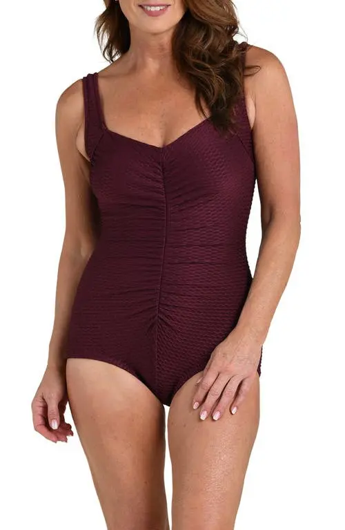 MAXINE OF HOLLYWOOD Textured Spa Ruched One-piece Swimsuit - Wine