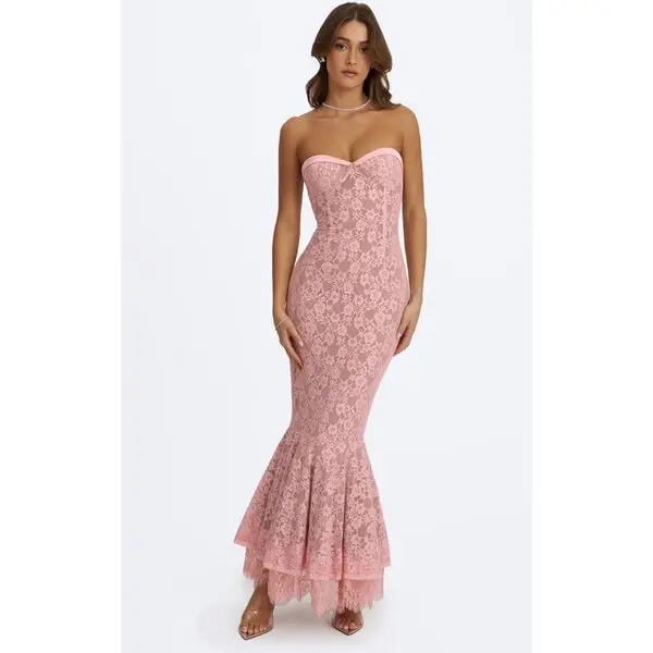 MISS CIRCLE NEW YORK Rosalyn Lace Sweetheart Maxi Mermaid Dress - Pink