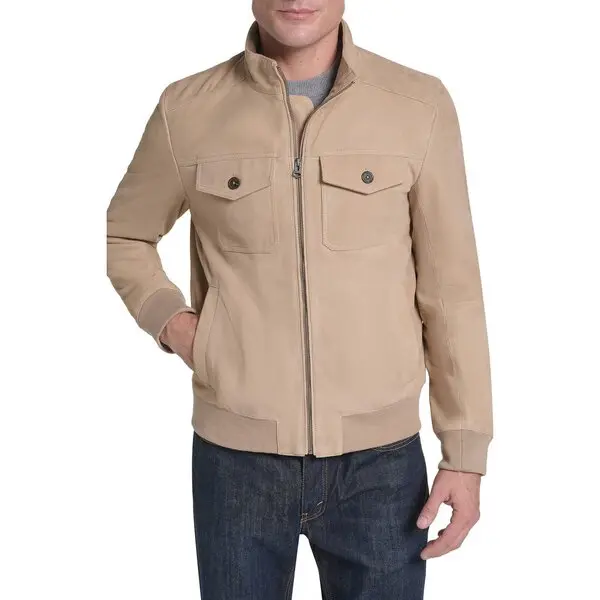 Cole Haan Suede Bomber Leather Jacket - Sand
