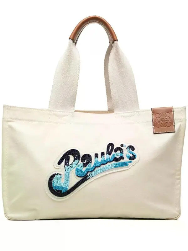 Loewe 2020 Paulas Ibiza Canvas Beach Cabas Tote Bag - White