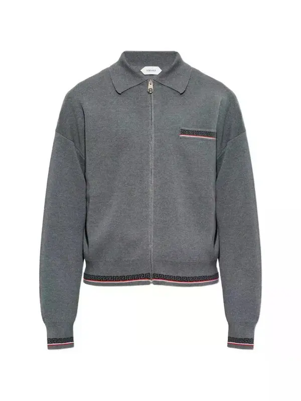 Versace Jacquard Wool Knit Zip Sweater - Grey