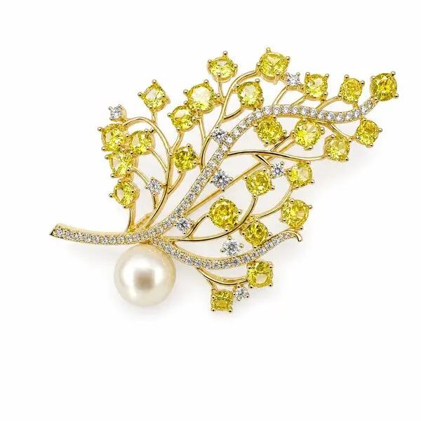 ANGEL BAROCCO Crystal Branch & Pearl Brooch - Yellow