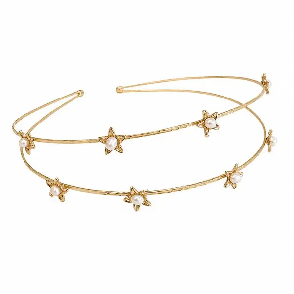 RARE MATTERS JEWELRY Freshwater Pearl Flower Double Wire Headband - Gold