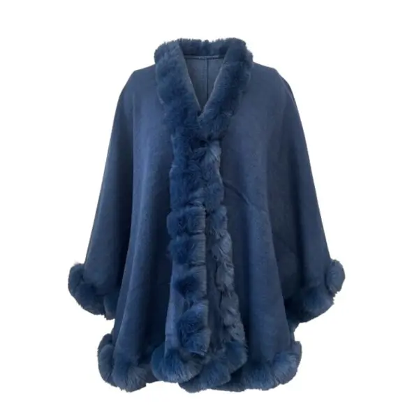 Saachi Faux Fur Cape Dark Kimono - Blue