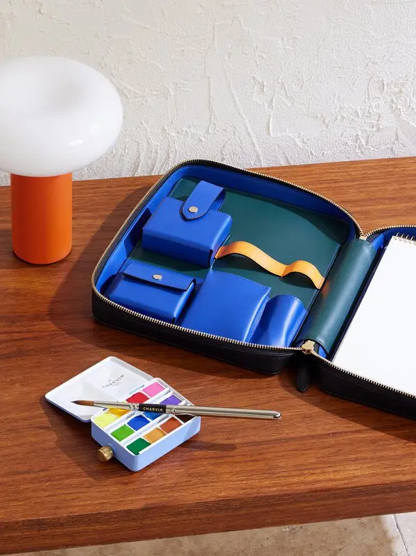 Smythson Panama Cross-grain Leather Artist Folio Stationary Set - Blue