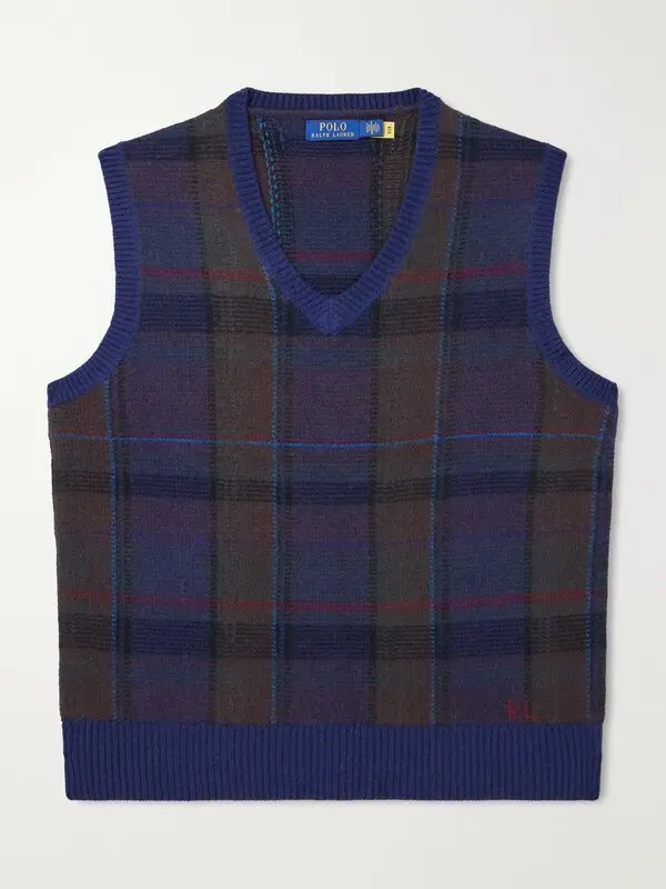 Polo Ralph Lauren Logo-embroidered Checked Wool And Cotton-blend Vest - Blue