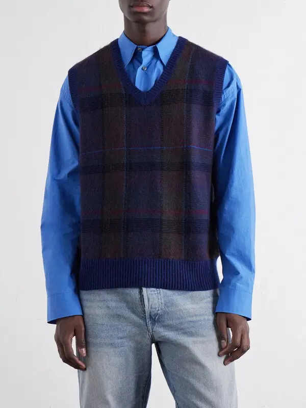 Polo Ralph Lauren Logo-embroidered Checked Wool And Cotton-blend Vest - Blue