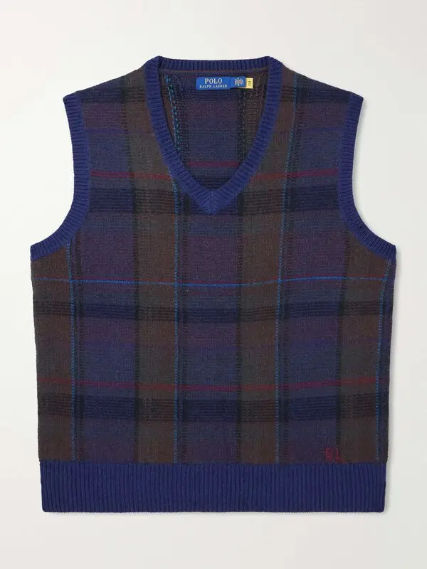 Polo Ralph Lauren Logo-embroidered Checked Wool And Cotton-blend Vest - Navy