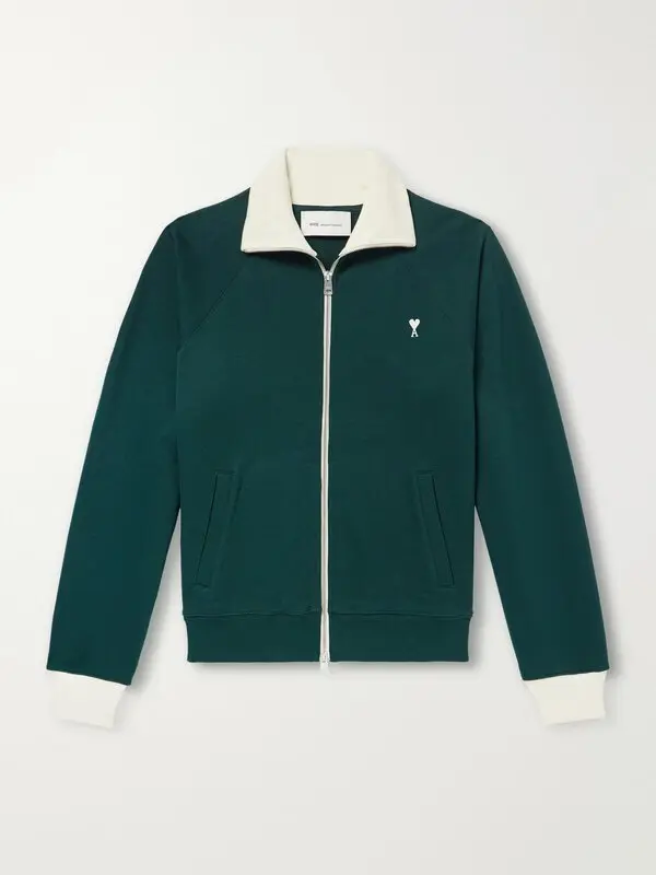 AMI Paris Logo-embroidered Cotton-jersey Zip-up Sweatshirt - Green