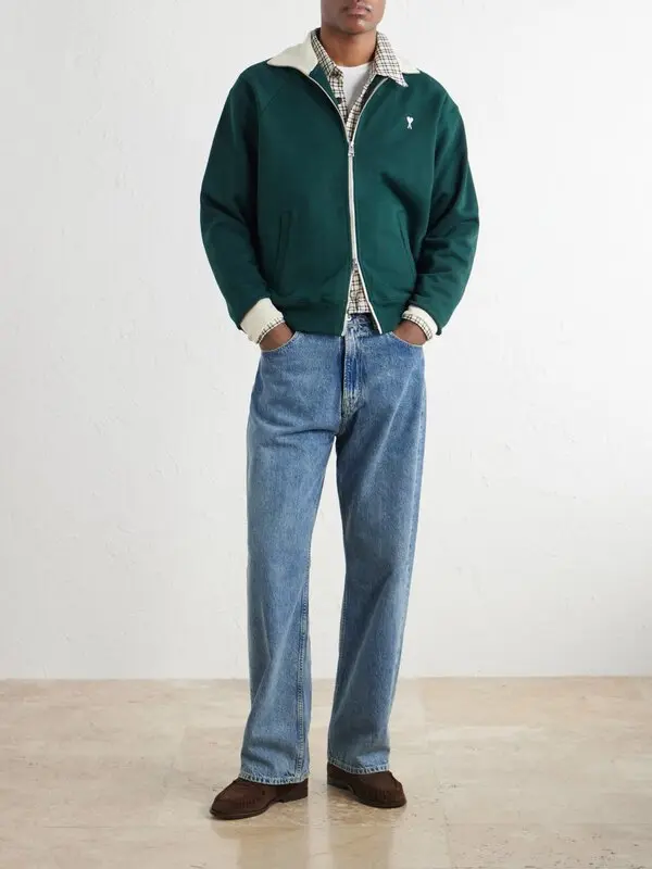 AMI Paris Logo-embroidered Cotton-jersey Zip-up Sweatshirt - Green