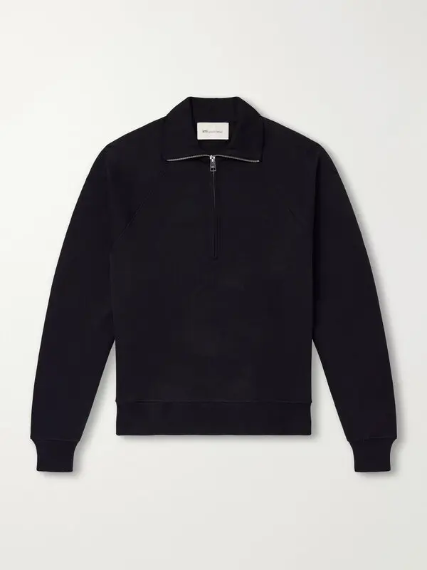 AMI Paris Logo-embroidered Cotton-jersey Half-zip Sweatshirt - Black
