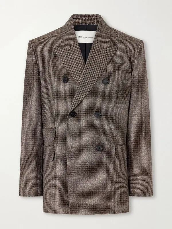 AMI Paris Double-breasted Houndstooth Virgin Wool Blazer - Brown