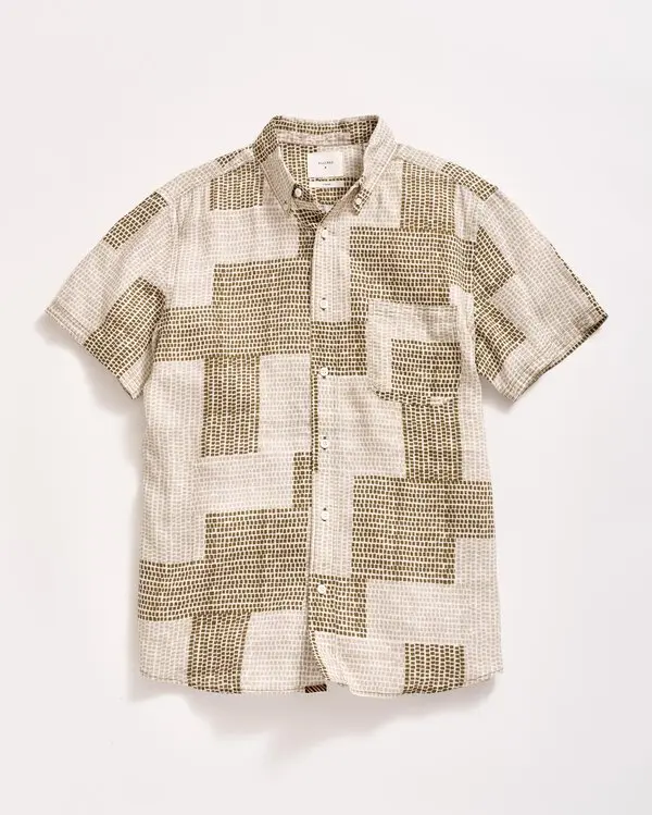 Billy Reid Short Sleeve Brick Patchwork Tuscumbia Shirt Button Down - Olive Multi